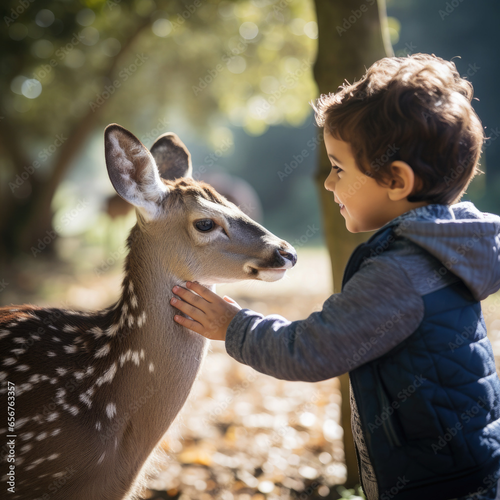 Generative AI, child, boy or girl petting and feeding a deer in a zoo ...