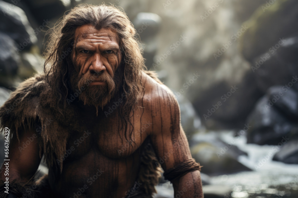 A Neanderthal with a powerful build stands near a roaring waterfall ...