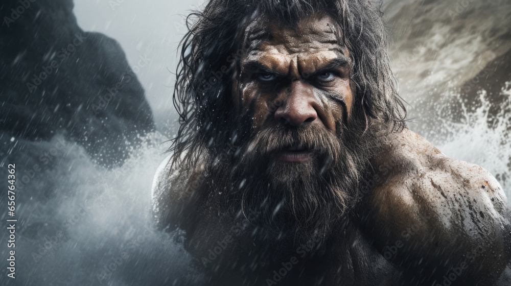 Set against a raging waterfall, a Neanderthal with a firm jawline and ...