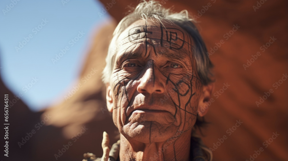 An older man, his face marked with scars, mirroring the ancient ...