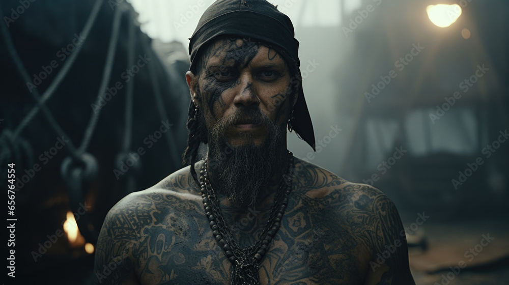 A burly and intimidating pirate with an intricate skull tattoo on his ...