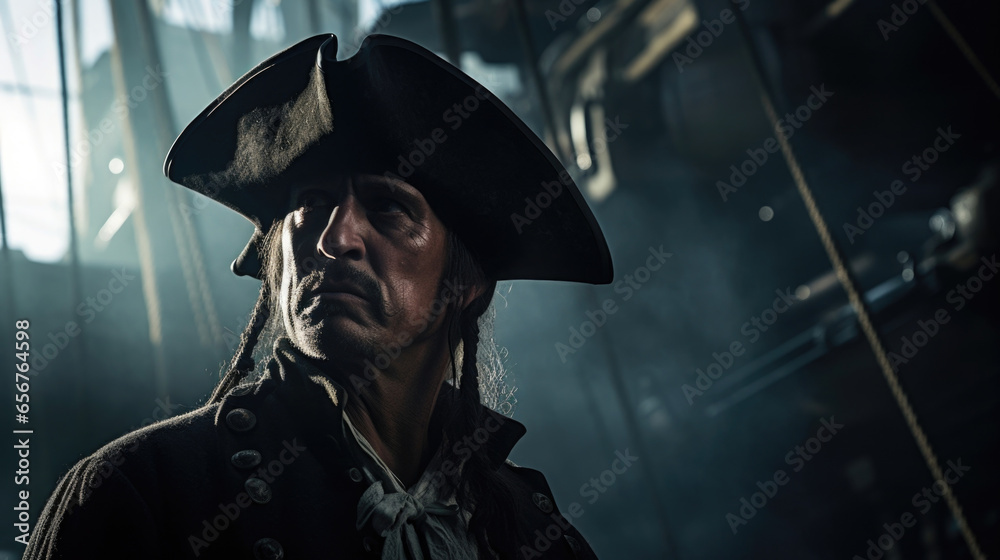 On the deck of a pirate ship, a brooding pirate with a hooked nose ...