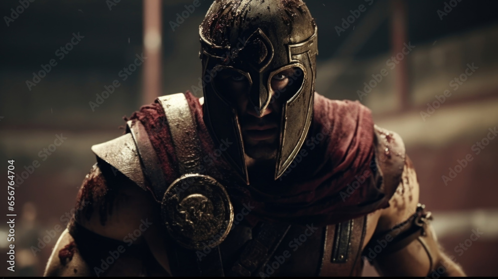 Within the dusty interior of a training arena, a gladiators face masks ...