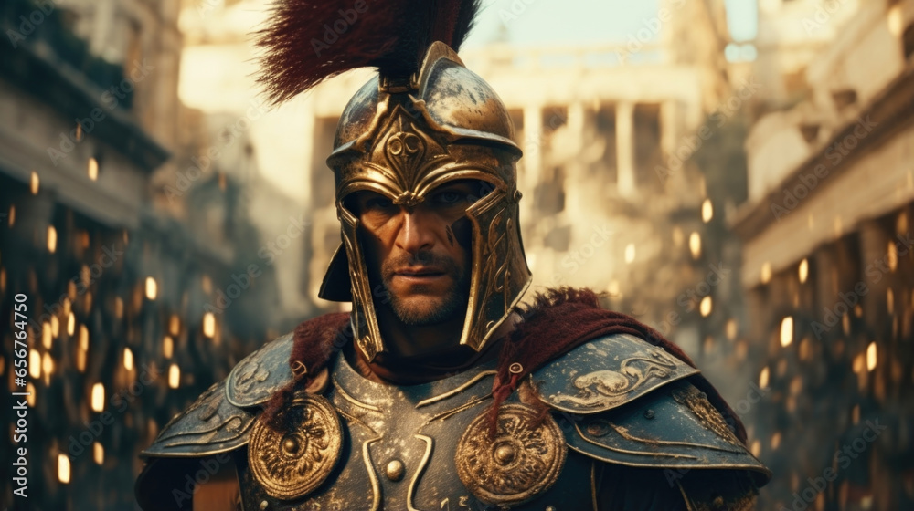 Beneath an ornately decorated Roman triumphal arch, a gladiator stands ...