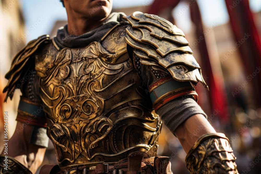 Towering over the ruins of an ancient Roman marketplace, a gladiator ...