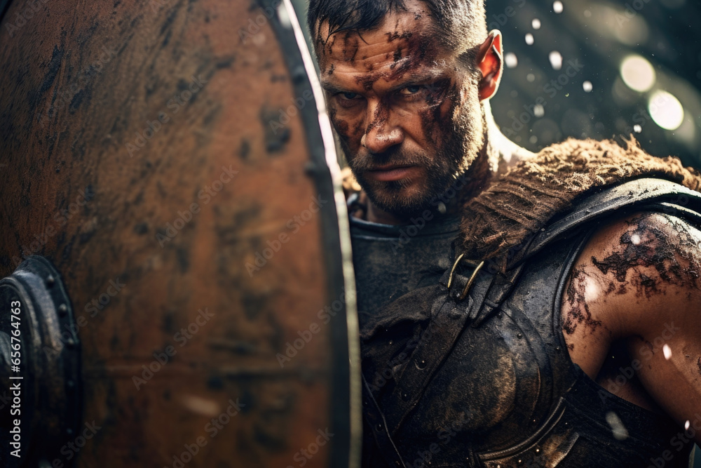Against a backdrop of ancient ruins, a battleworn gladiator bears scars ...