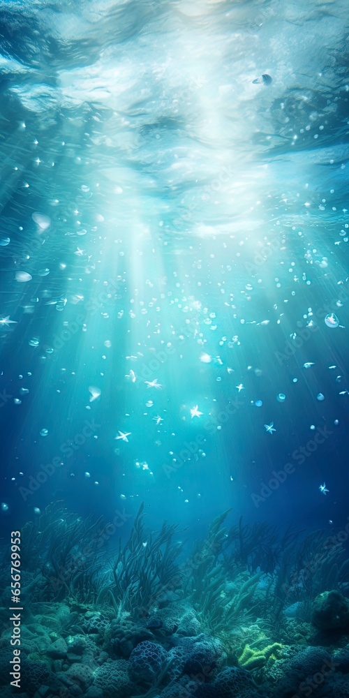 underwater world background with lightleaks bubbles and bokeh Stock Illustration | Adobe Stock