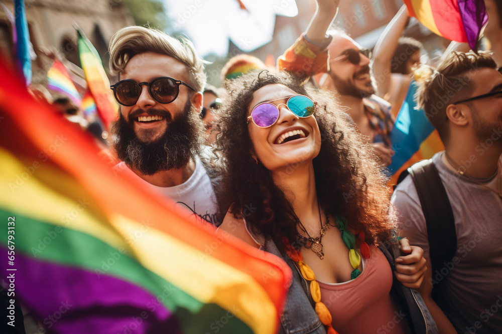 LGBTQ street parade. Young happy female celebrating Mardi Gras day ...