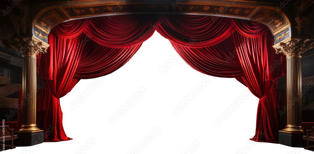 Dramatically Lit Lustrous Red Velvet Theatre Curtains and Wooden Stage ...