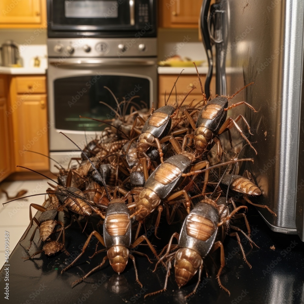A group of cockroaches congregating in the corner of a kitchen, their ...
