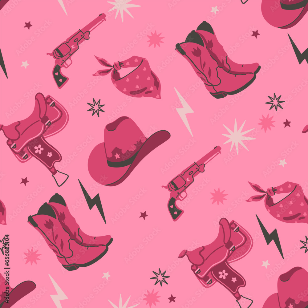 Seamless Pattern In Pink Colors With Cowboy Hats Saddles And Pistols seamless-pattern-in-pink-colors-with-cowboy-hats-saddles-and-pistols