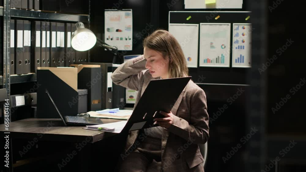 Determinated female detective inspector conducts investigation with ...