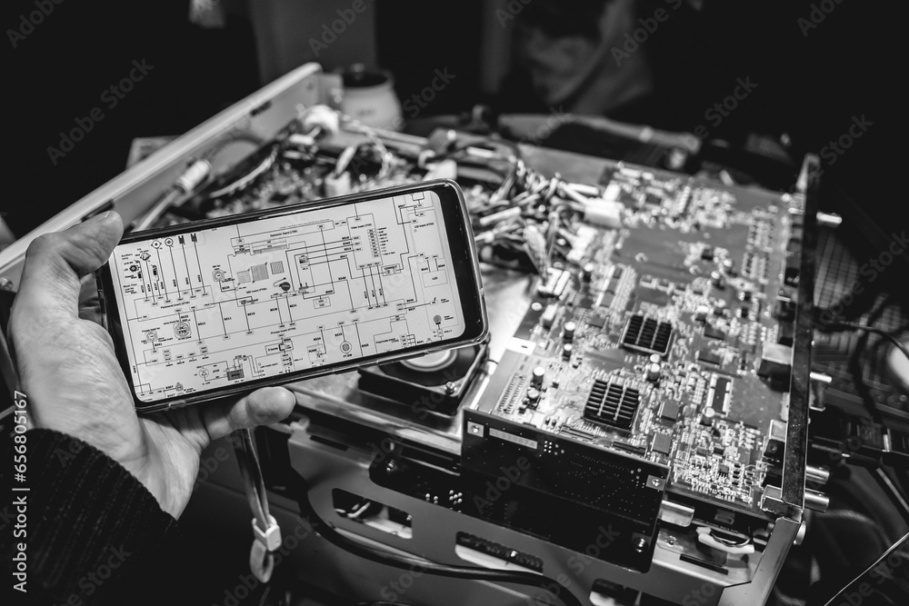 Hand holding a phone with a electronic diagram: examining the hardware ...