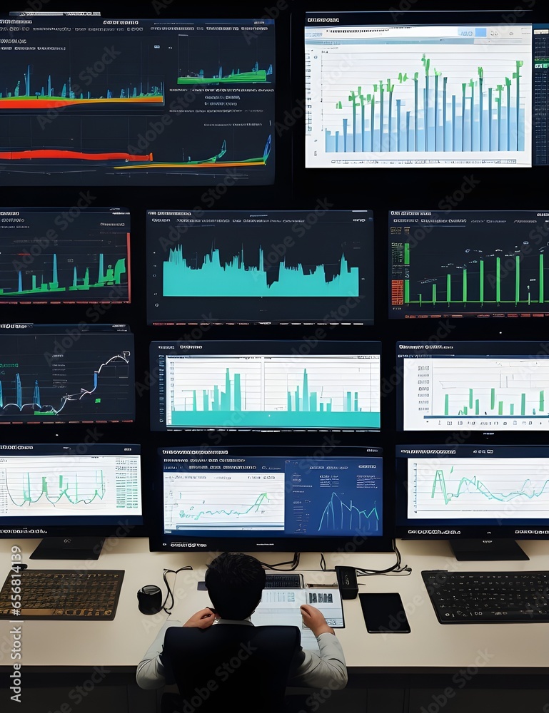 Analyst Works on Personal Computer Showing business analytics dashboard with charts, metrics and ...