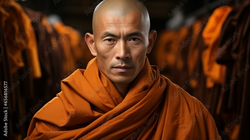 Serene Devotion: A Buddhist Monk, Clad in Traditional Monastic Attire ...