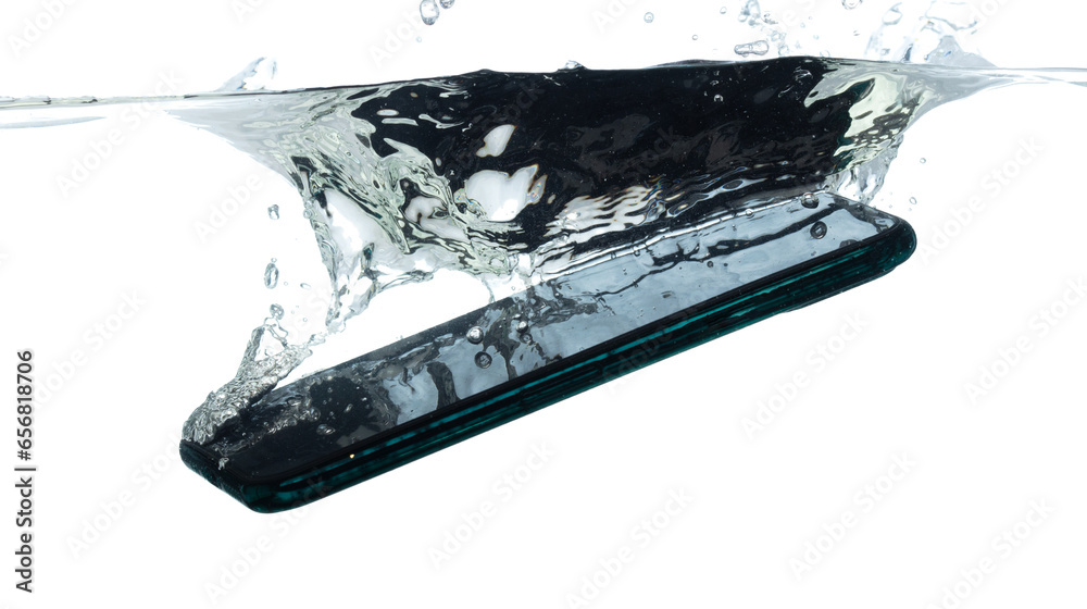 Smart phone accident fall into clear water with air bubble. Smartphone ...