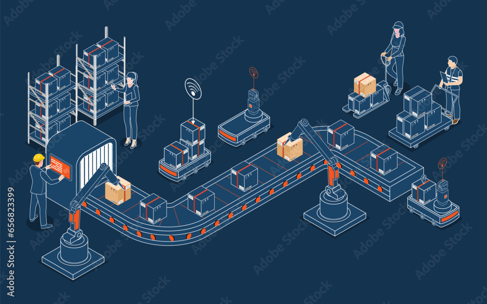 Automated warehouse robots and Smart warehouse technology concept with ...