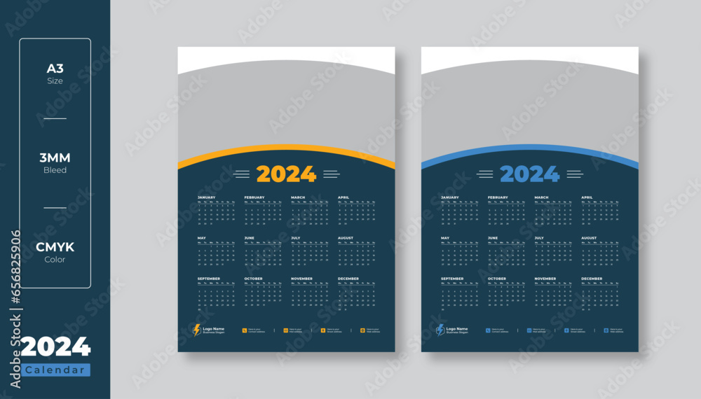 2024 One-page wall calendar design, Modern 12 Month one-page calendar ...