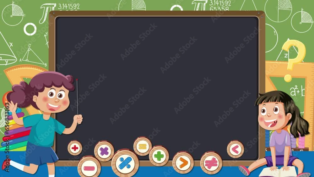 Green background with math formulas, girl students with math blackboard ...