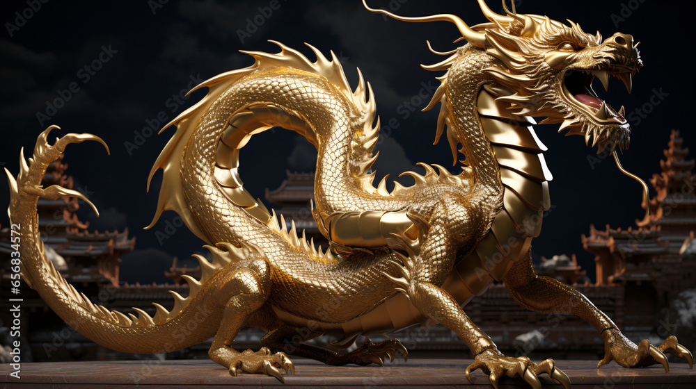 Striking Full Body Gold Dragon in Smart Pose 3D Rendering Including ...