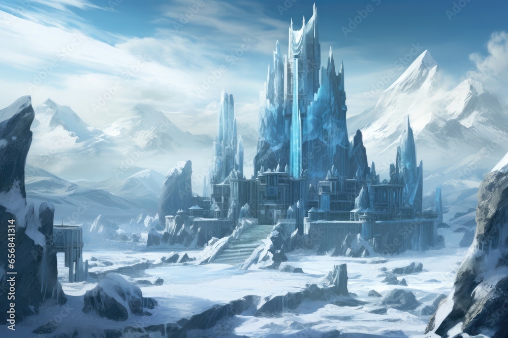At the heart of the frozen tundra, a crystal citadel rises from the ice ...