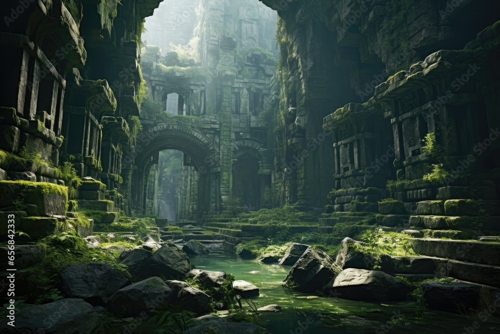 Enigmatic ruins rise from emerald seas, secrets buried deep within ...