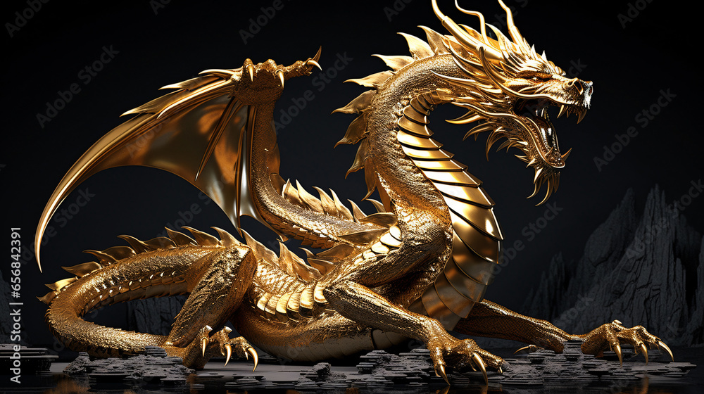Striking Full Body Gold Dragon in Smart Pose 3D Rendering Including ...