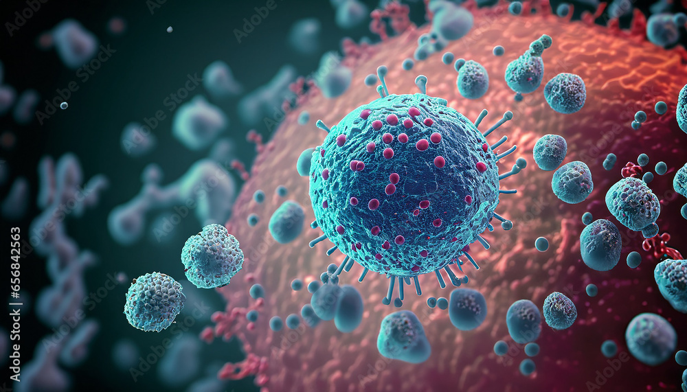 Microenvironment concept with virus cells, T-Cells, nanoparticles ...