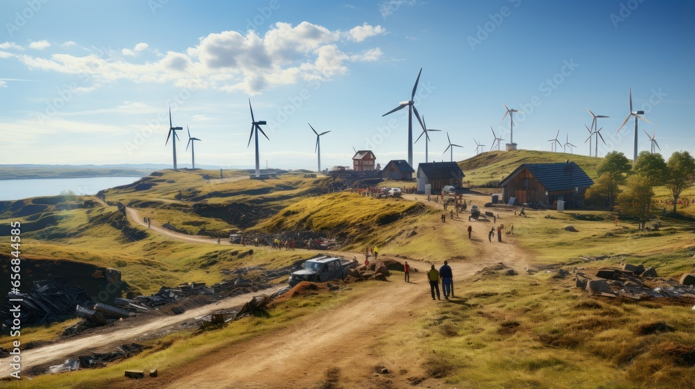 New wind turbine construction site with wings ready to be installed ...