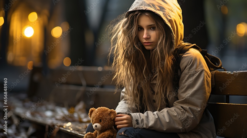 Lonely Teenage girl sitting on the bench. Atmosphere of sadness and ...
