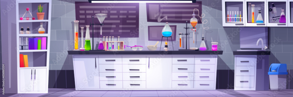 Chemical laboratory interior with equipment. Vector cartoon ...