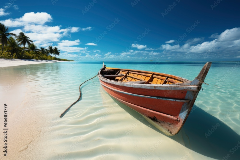 Canoe on the tropical sandy beach. Beautiful summer landscape of ...
