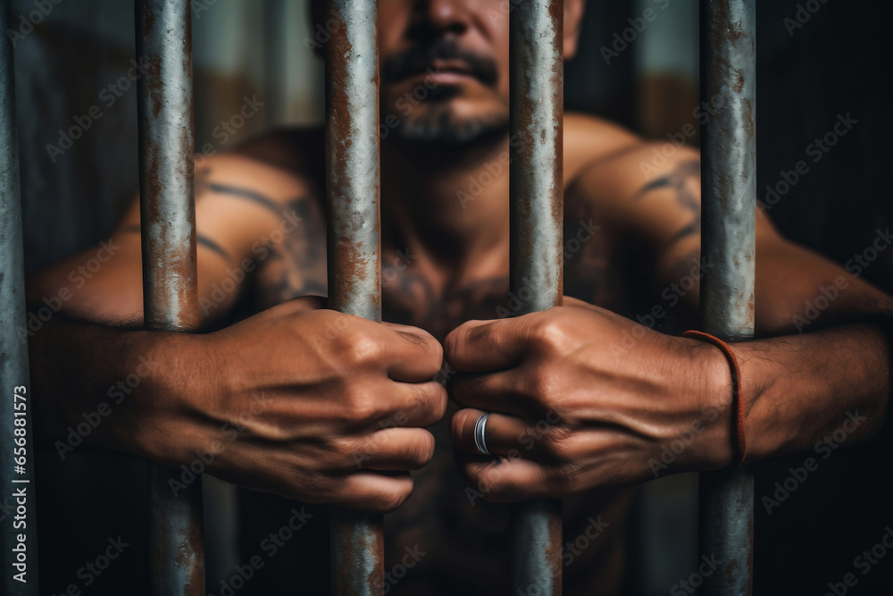 The male prisoner grabbed the prison bars with his hands. The pain and ...