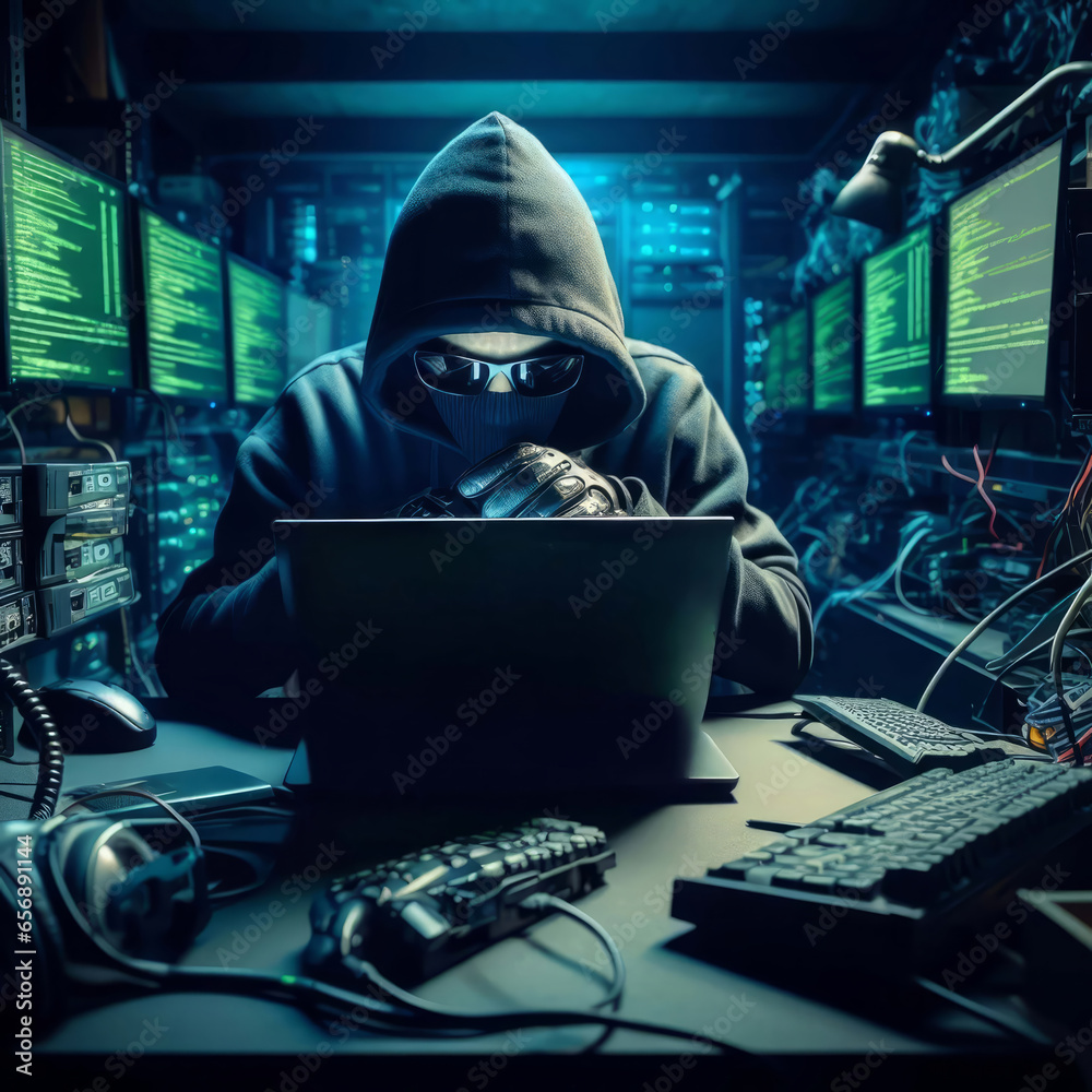 Hacker In The Hood Stealing Data From The Server Room Cybercrime Concept Generated By Ai Stock