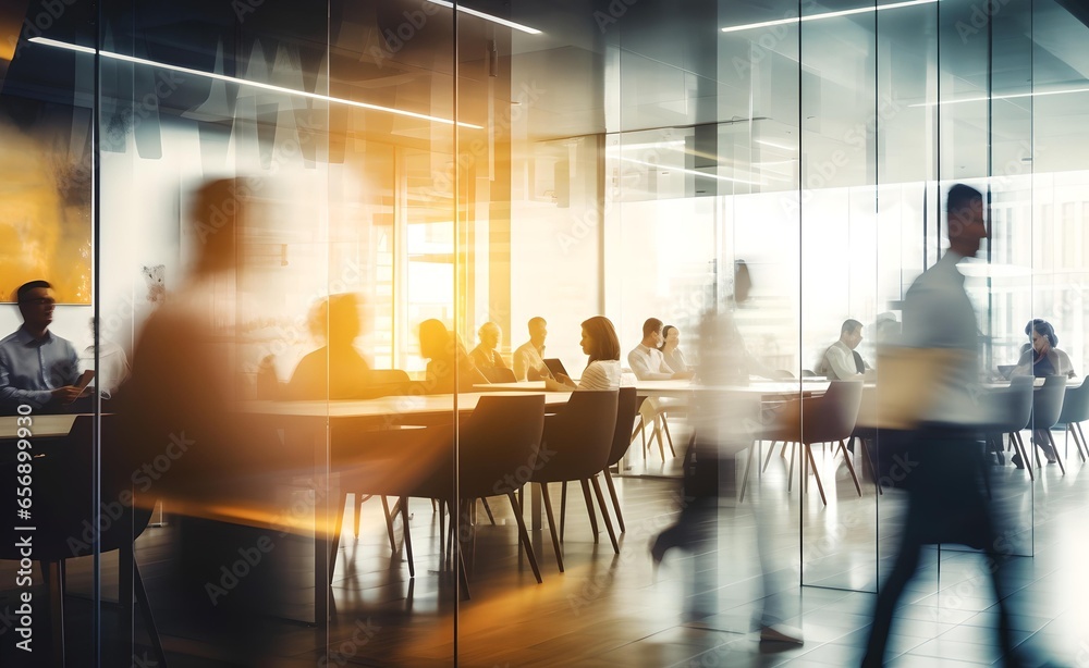 Coworking space office. Blurred silhouettes of people in a coworking ...
