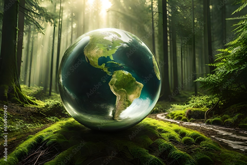 earth in the forest, Glass globe encircled by verdant forest flora ...
