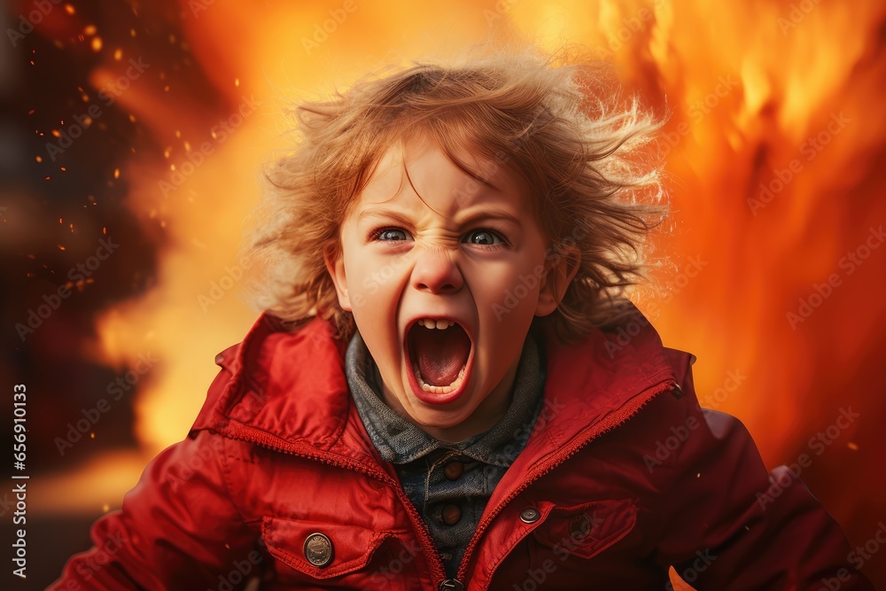 Child expressing frustration against a fiery, explosive red background ...