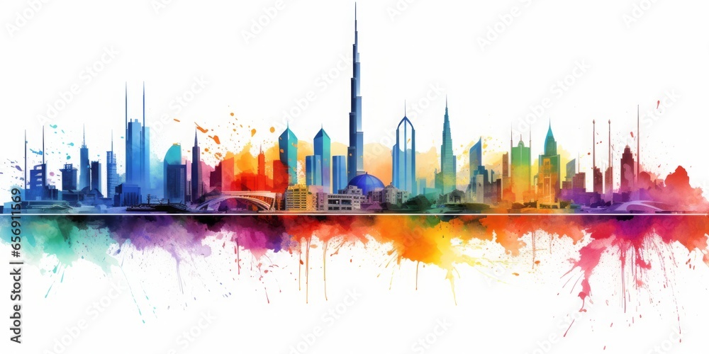 Rainbow Aquarelle Silhouette of Dubai's Iconic Cityscape, Showcasing ...