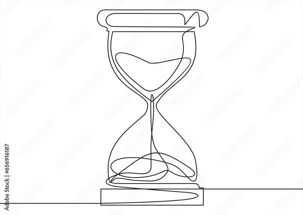 One continuous line drawing of hourglass with flow sand. Retro timer as ...