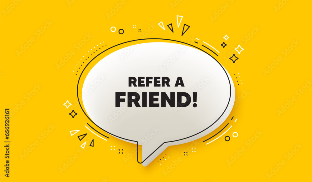 Refer a friend tag. 3d speech bubble yellow banner. Referral program ...