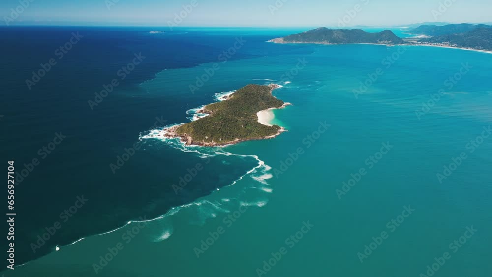 Boundary zone in the Atlantic Ocean near the island. Aerial view of the ...