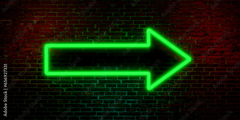 Green arrow, right direction. Brick wall with neon sign. Night, arrow ...