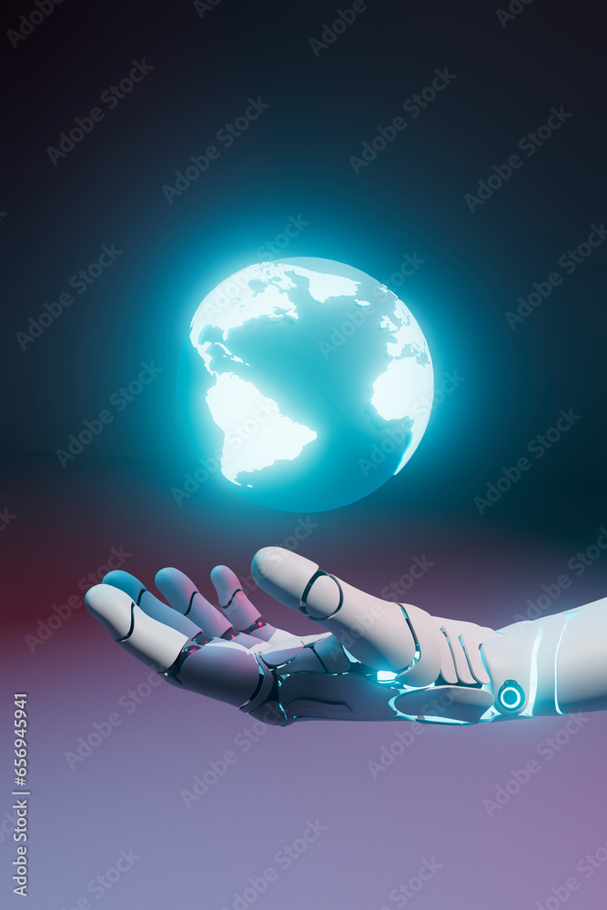 Three dimensional render of robotic hand holding glowing planet Earth ...