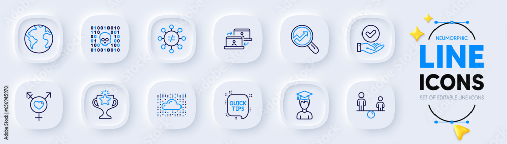 Analytics, Genders and Quick tips line icons for web app. Pack of Student, Binary code, World ...