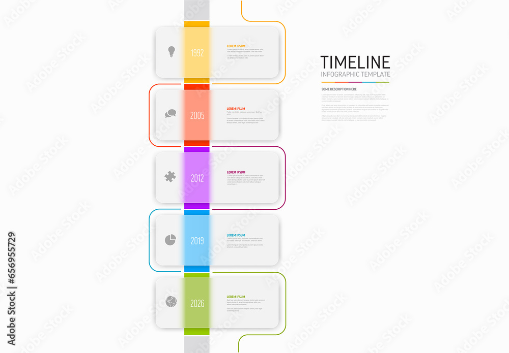 Five opaque light rounded rectangles vertical timeline process ...