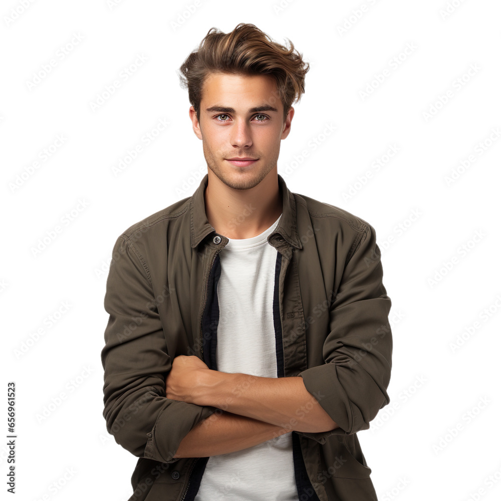 Half body view young teen boy standing in college attire, hands folded ...