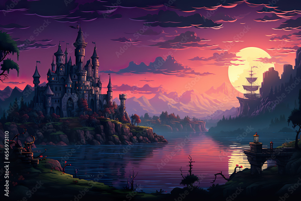 Pixel art video game backround wallpaper with Generative AI Stock ...