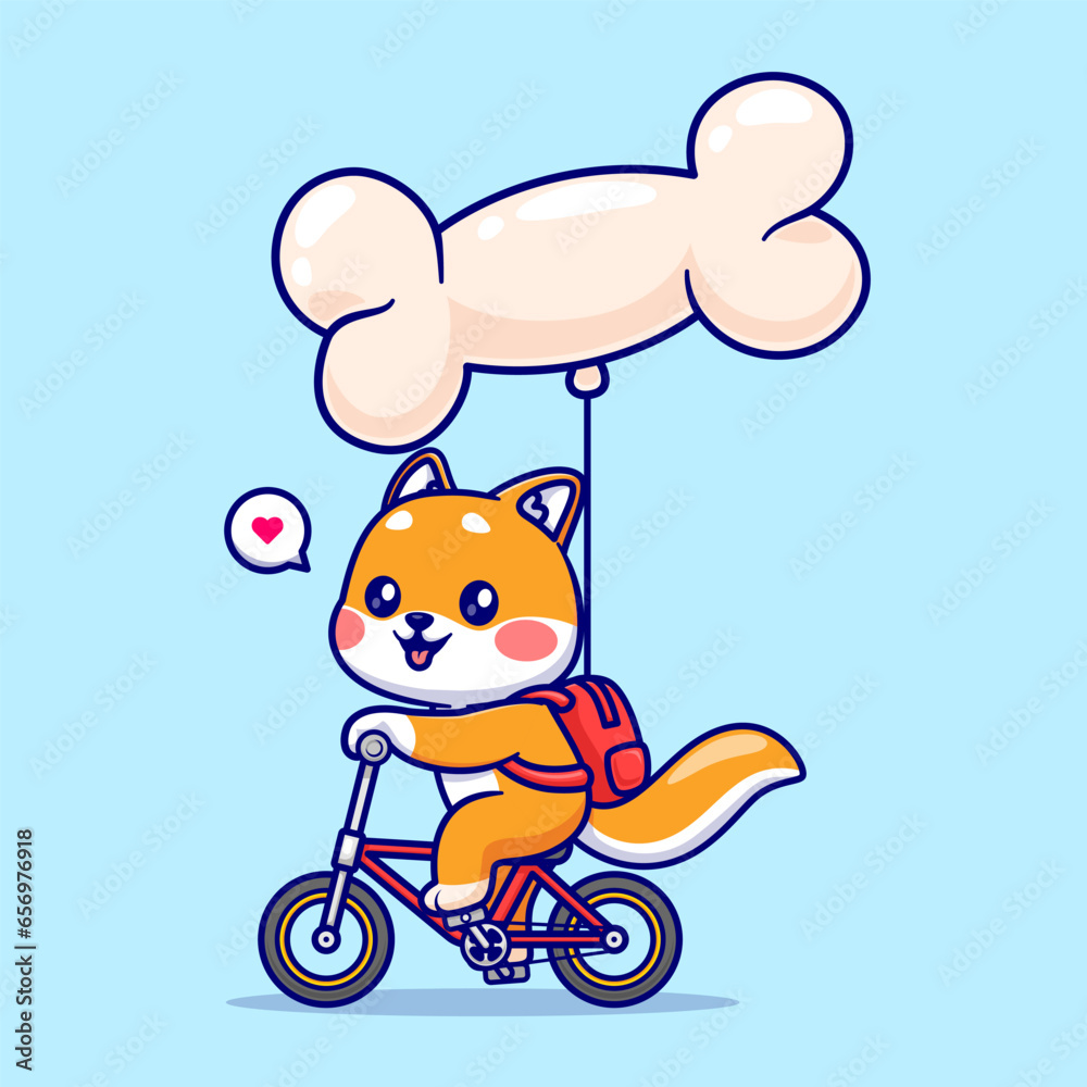 Cute Shiba Inu Dog Riding Bicycle With Bone Balloon Cartoon Vector Icon ...