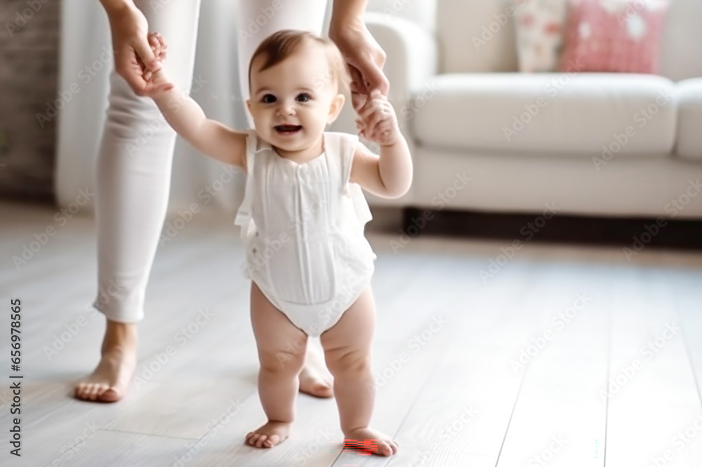 charming little girl in diapers takes her first steps at home holding ...