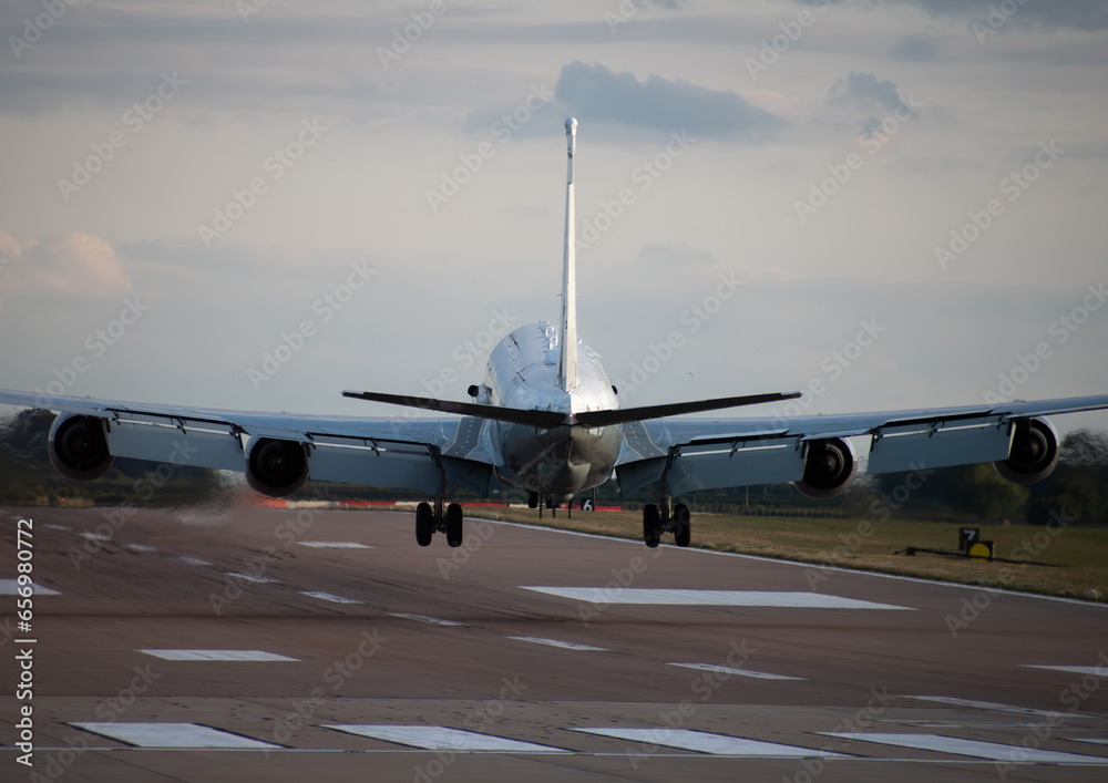 military raf rivet joint boeing RC-135 airplane in flight landing down ...